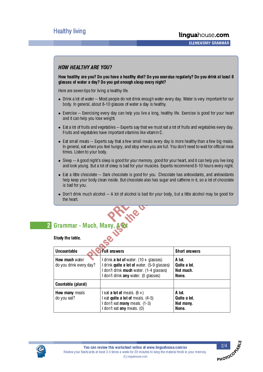 Healthy living: Worksheet Preview - Linguahouse.com