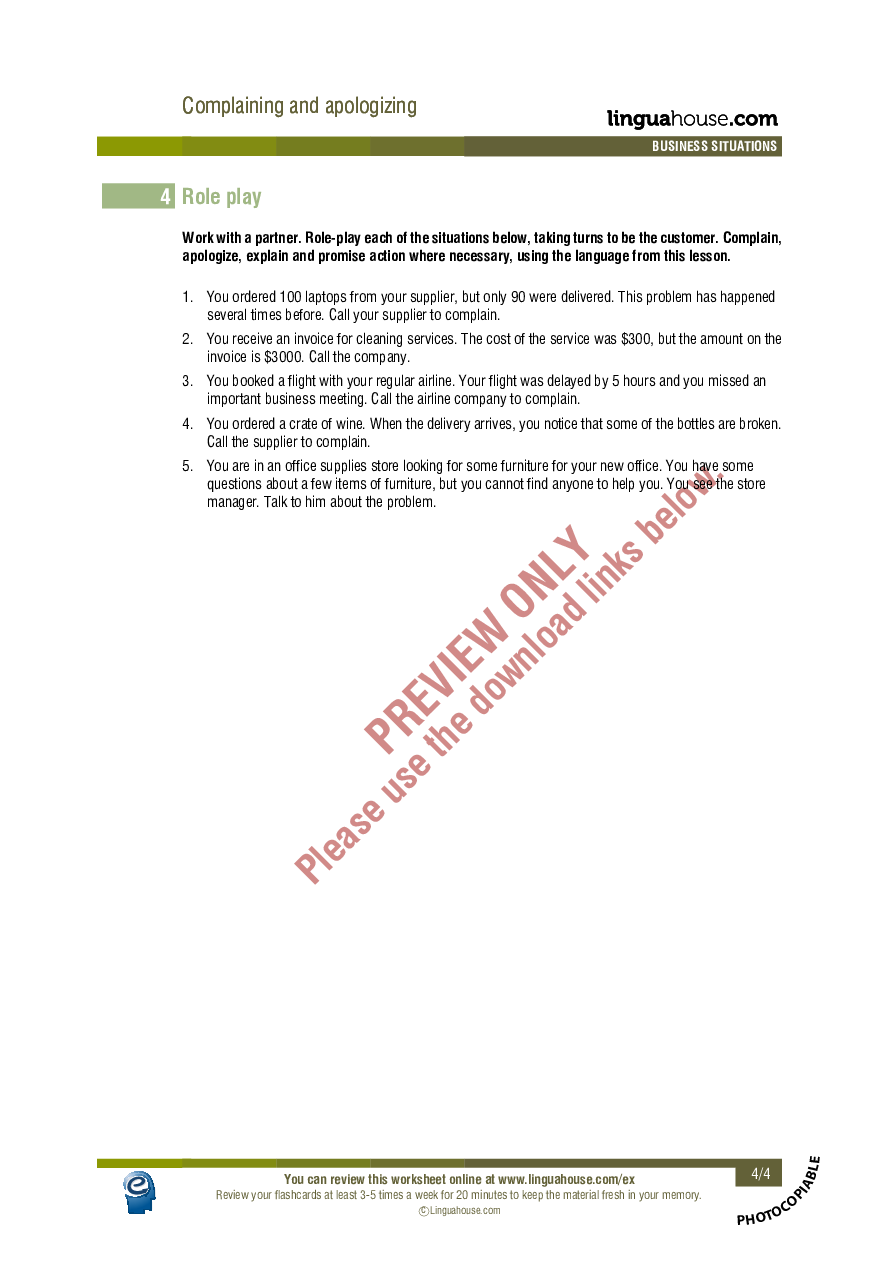 Complaining and apologizing: Worksheet Preview - Linguahouse.com