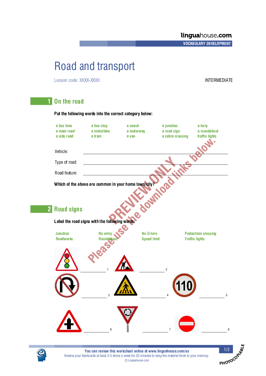Road and transport: Worksheet Preview - Linguahouse.com