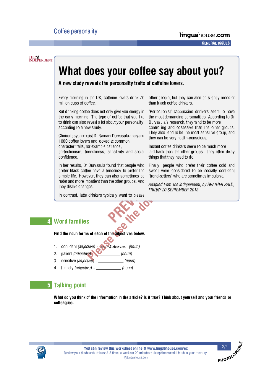 Coffee personality: Worksheet Preview - Linguahouse.com