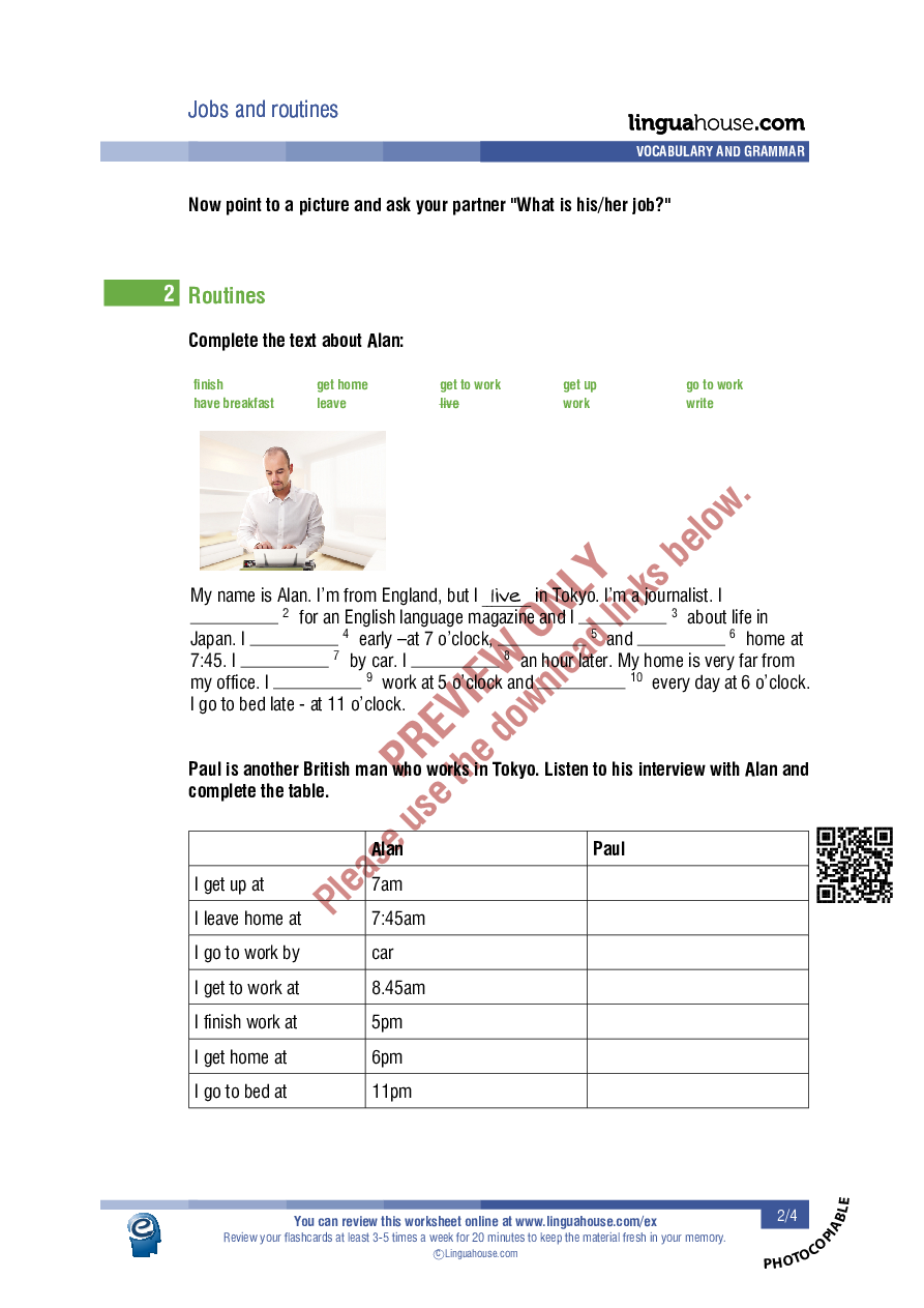 Jobs and routines: Worksheet Preview - Linguahouse.com