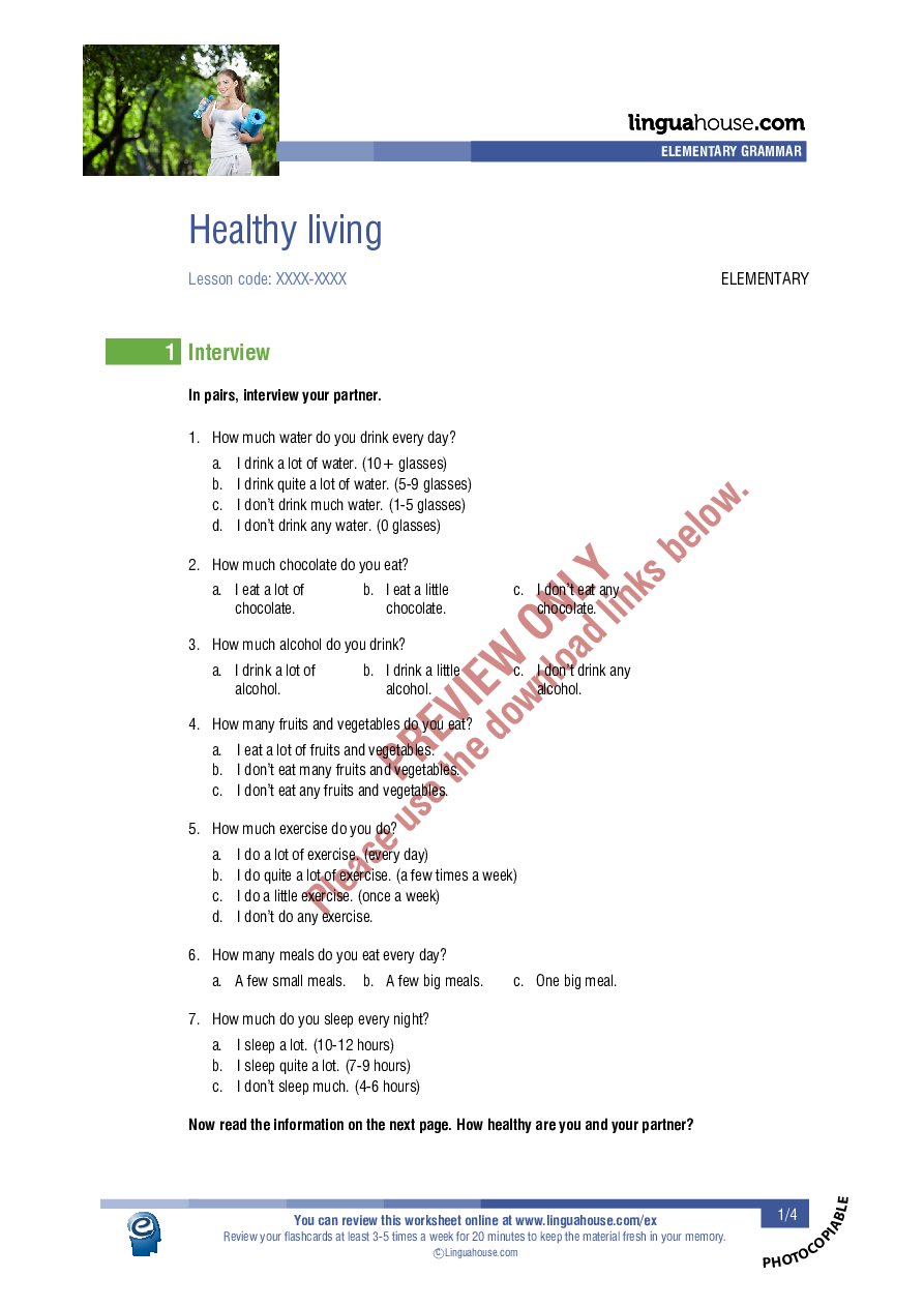 Healthy living: Worksheet Preview - Linguahouse.com