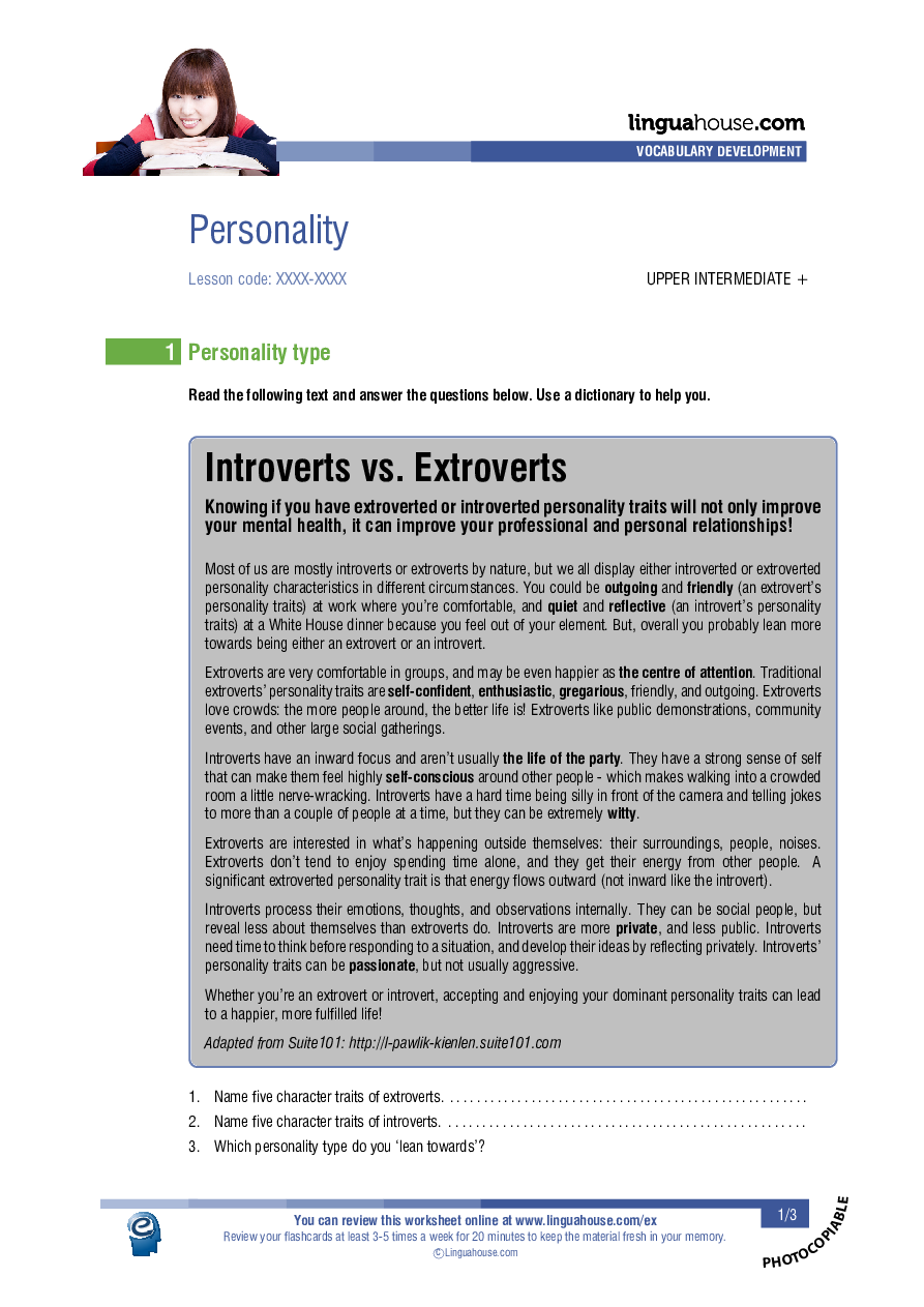 Personality: Worksheet Preview - Linguahouse.com