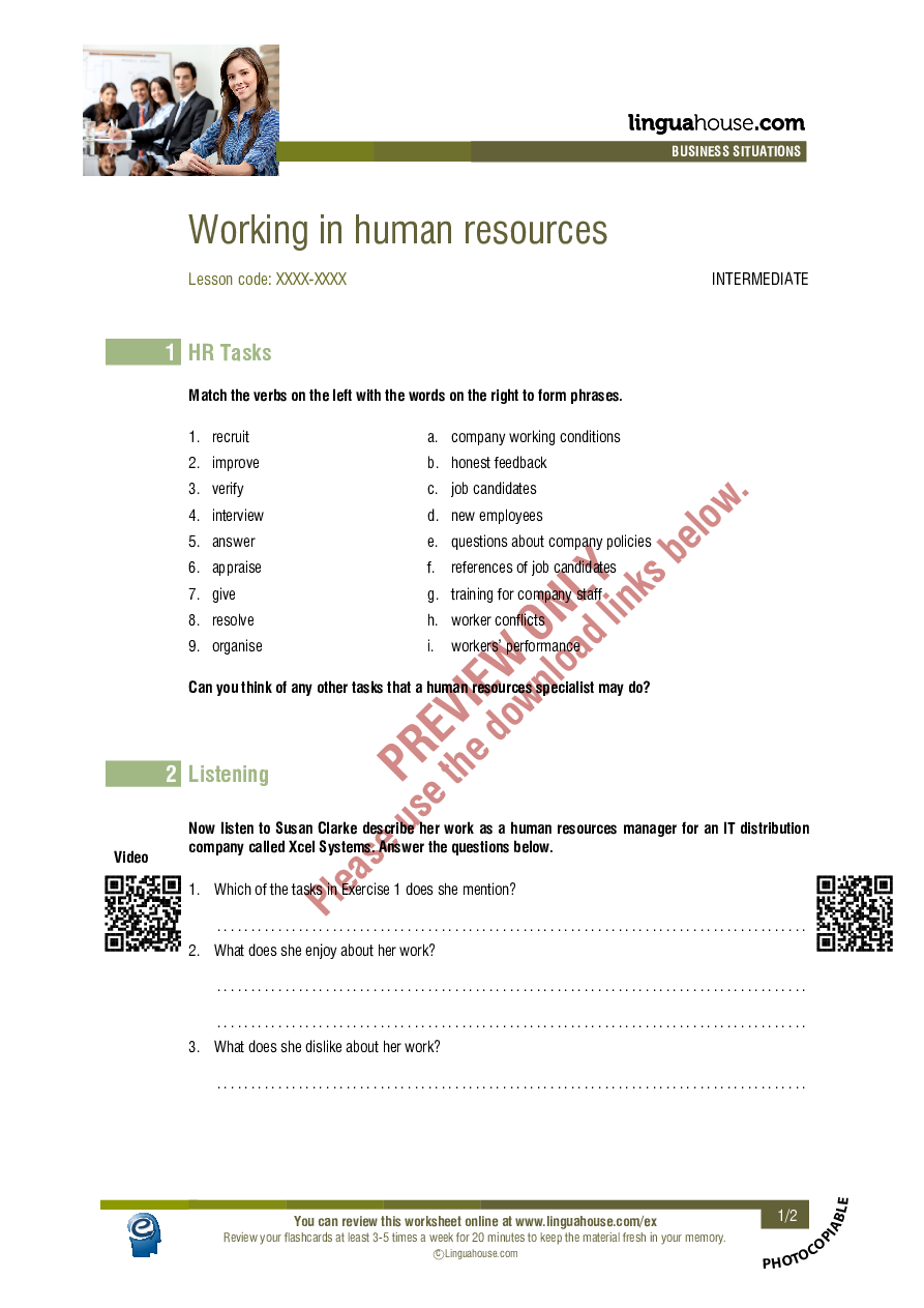 Working in human resources: Worksheet Preview - Linguahouse.com