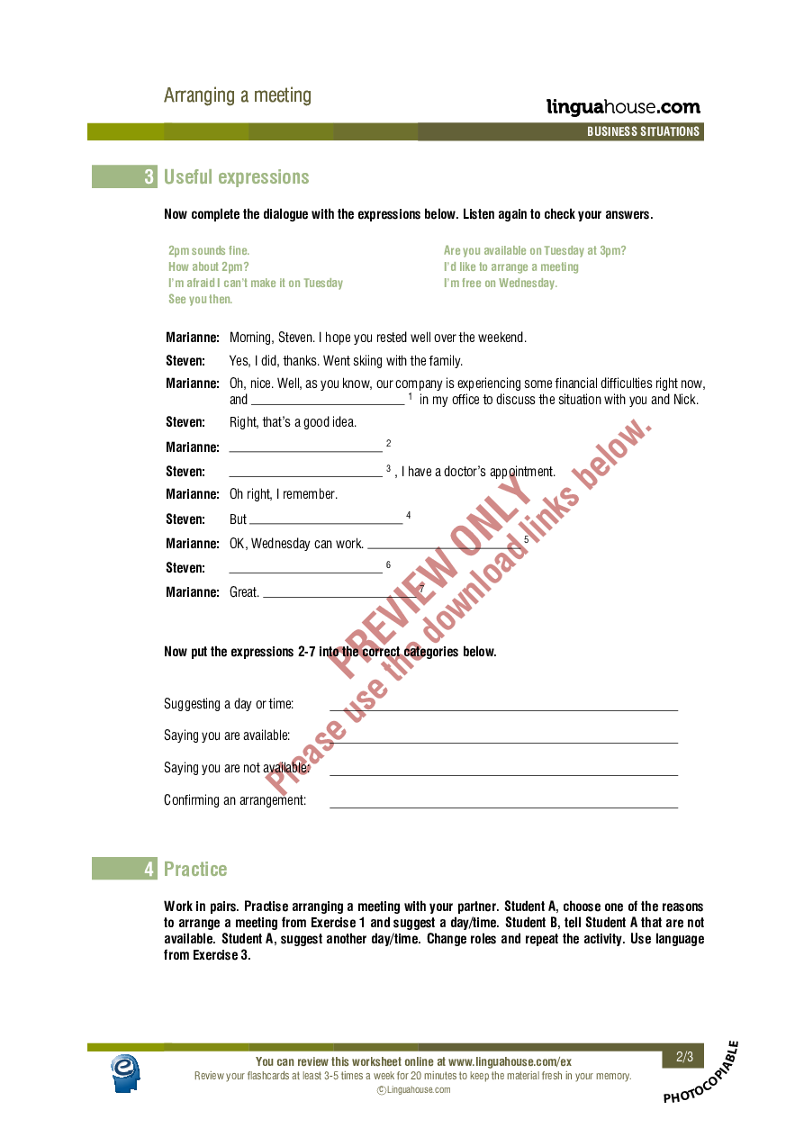 Arranging a meeting: Worksheet Preview - Linguahouse.com