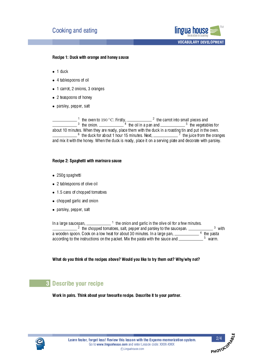 Cooking and eating: Worksheet Preview - Linguahouse.com