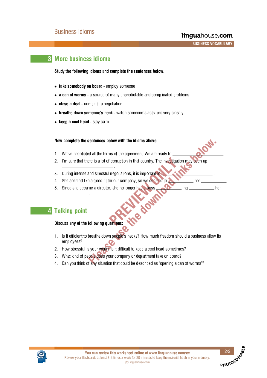 Business idioms: Worksheet Preview - Linguahouse.com