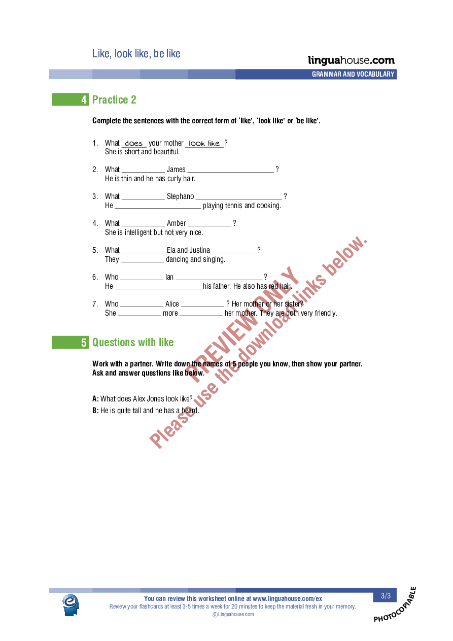 Like, look like, be like: Worksheet Preview - Linguahouse.com