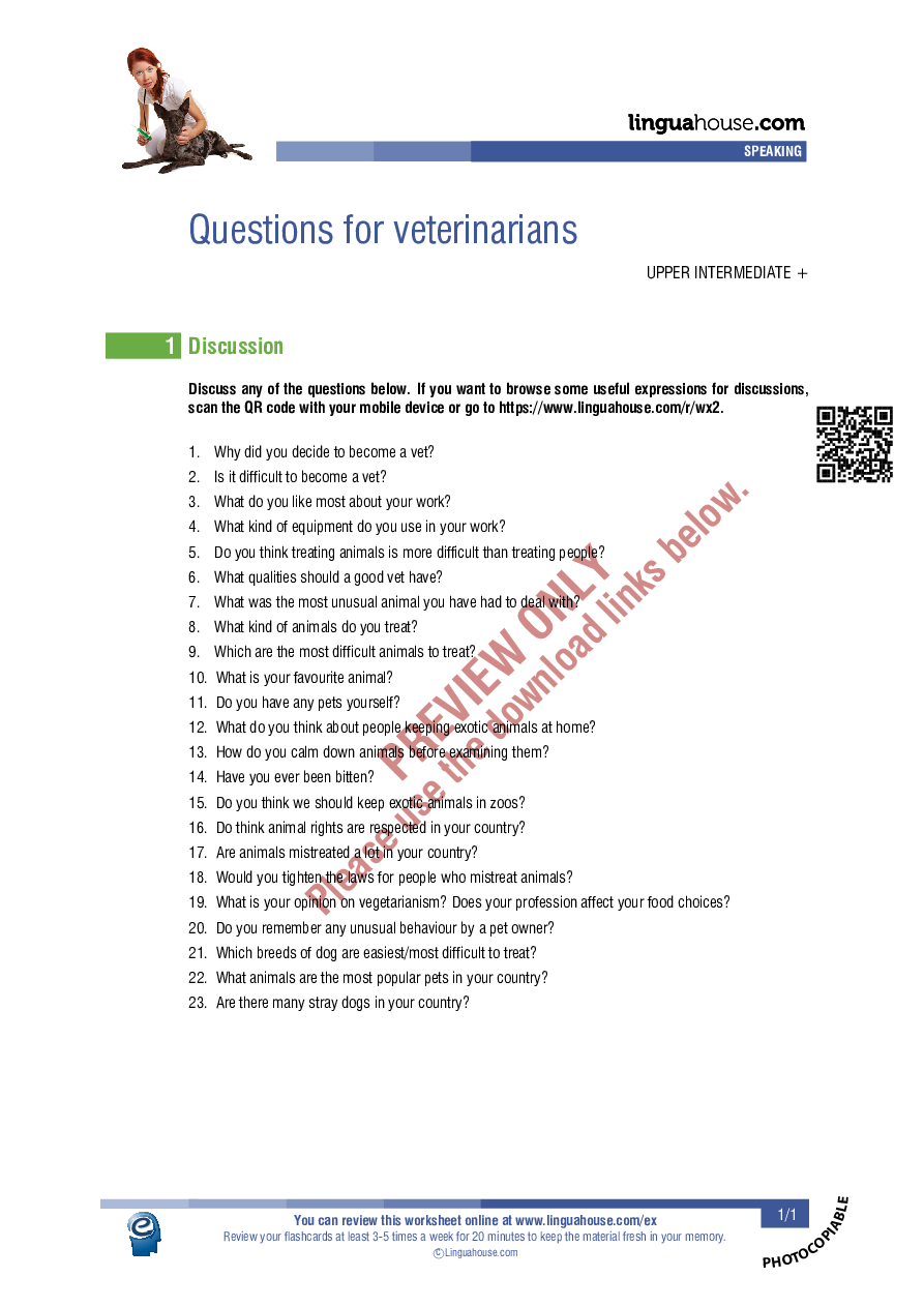 Questions for veterinarians: Worksheet Preview - Linguahouse.com