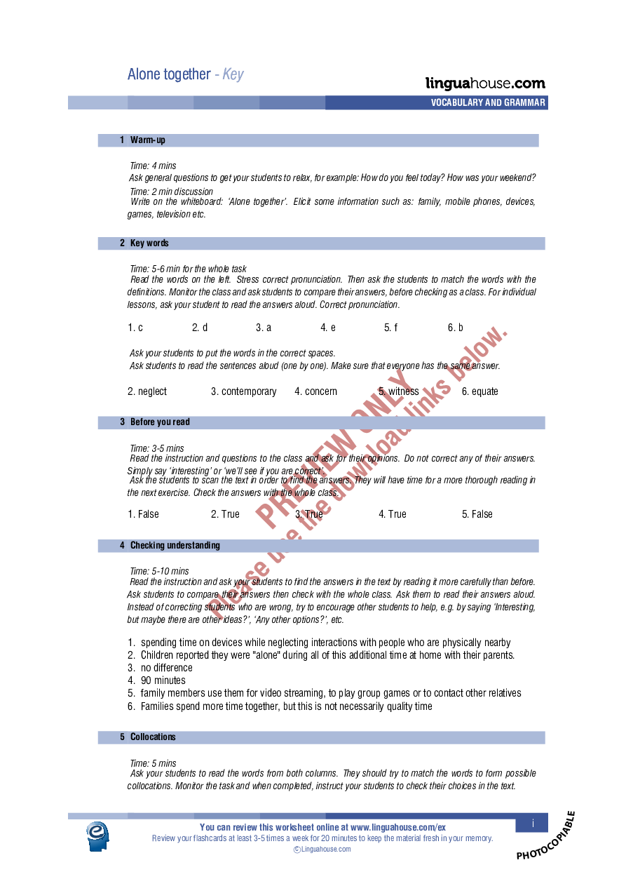 Alone together: Worksheet Preview - Linguahouse.com