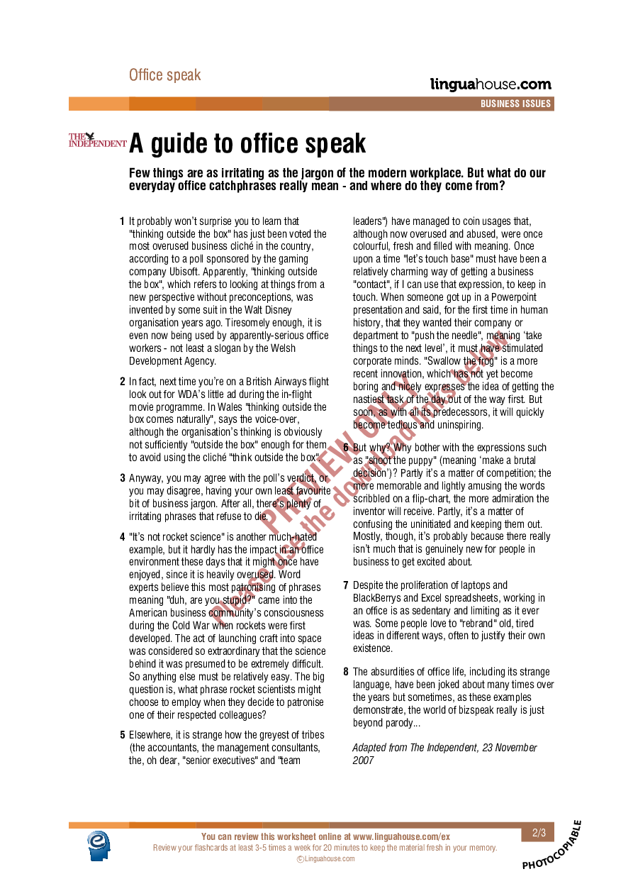 Office speak: Worksheet Preview - Linguahouse.com