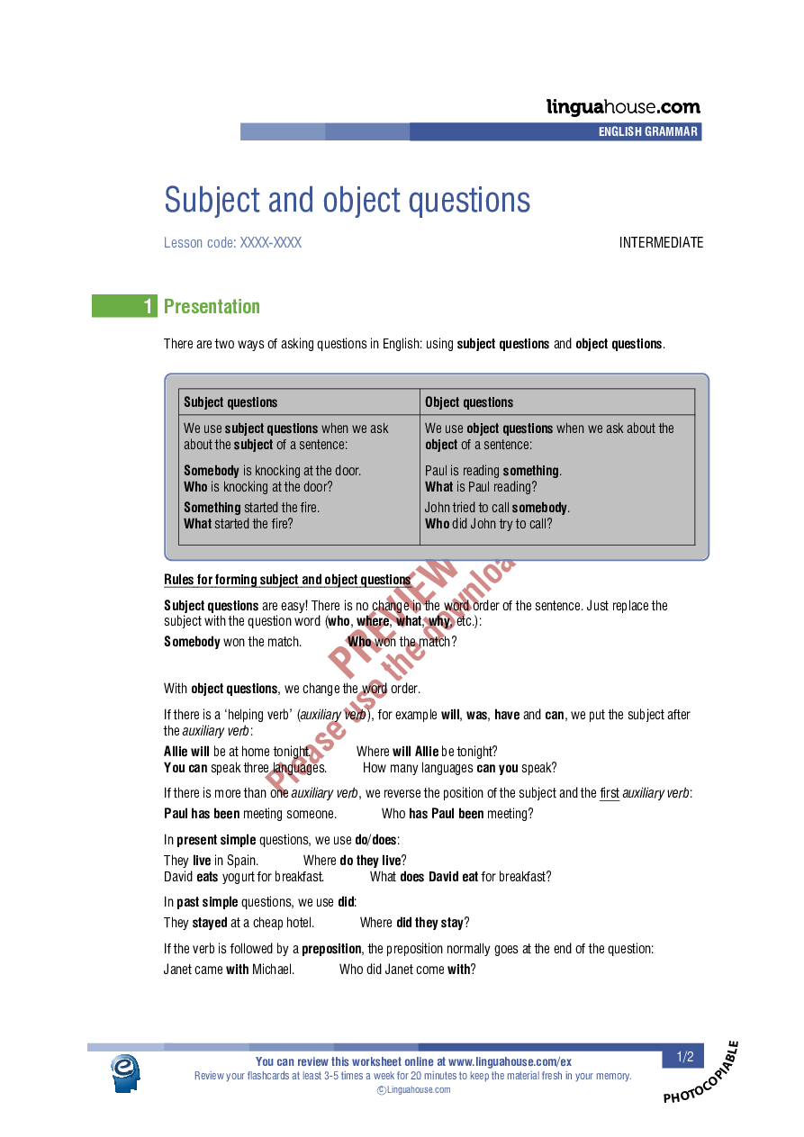 Subject and object questions: Worksheet Preview - Linguahouse.com