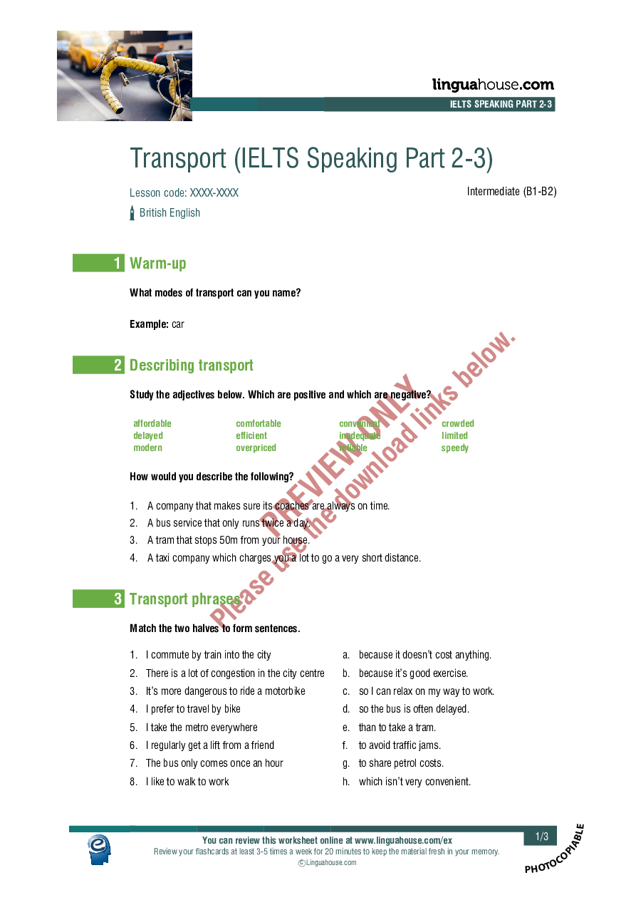 Transport (IELTS Speaking Part 2-3): Worksheet Preview - Linguahouse.com
