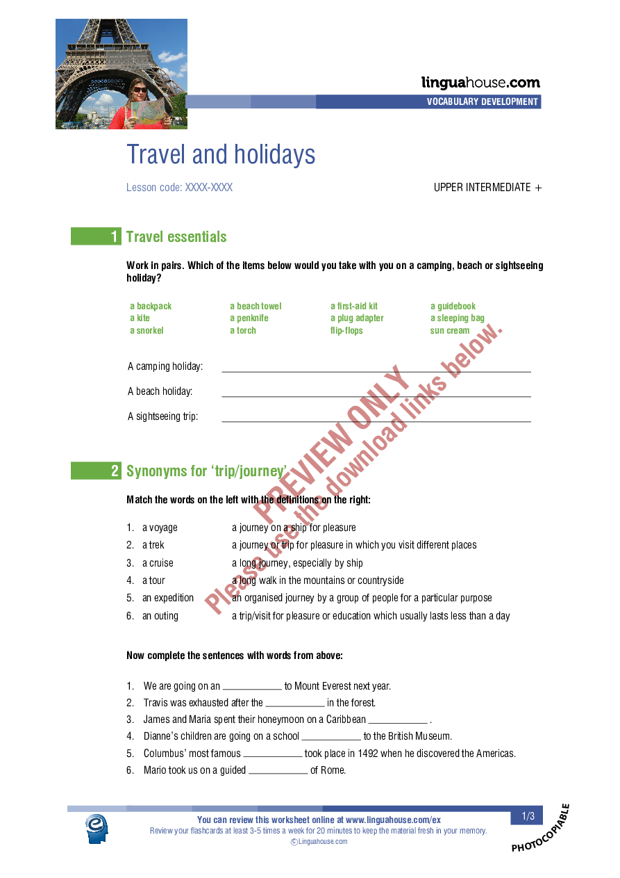 Travel and holidays: Worksheet Preview - Linguahouse.com