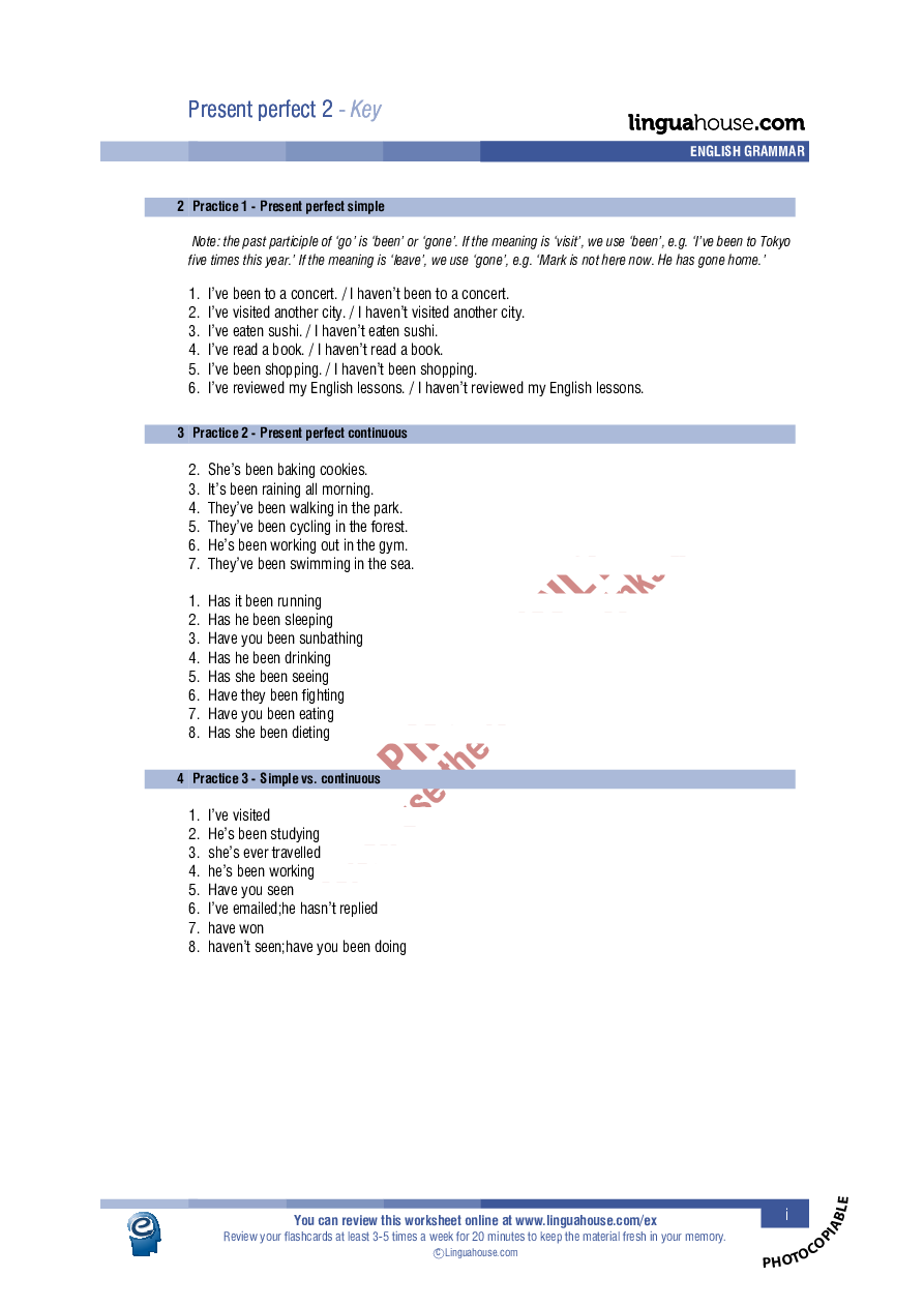 Present perfect 2: Worksheet Preview - Linguahouse.com