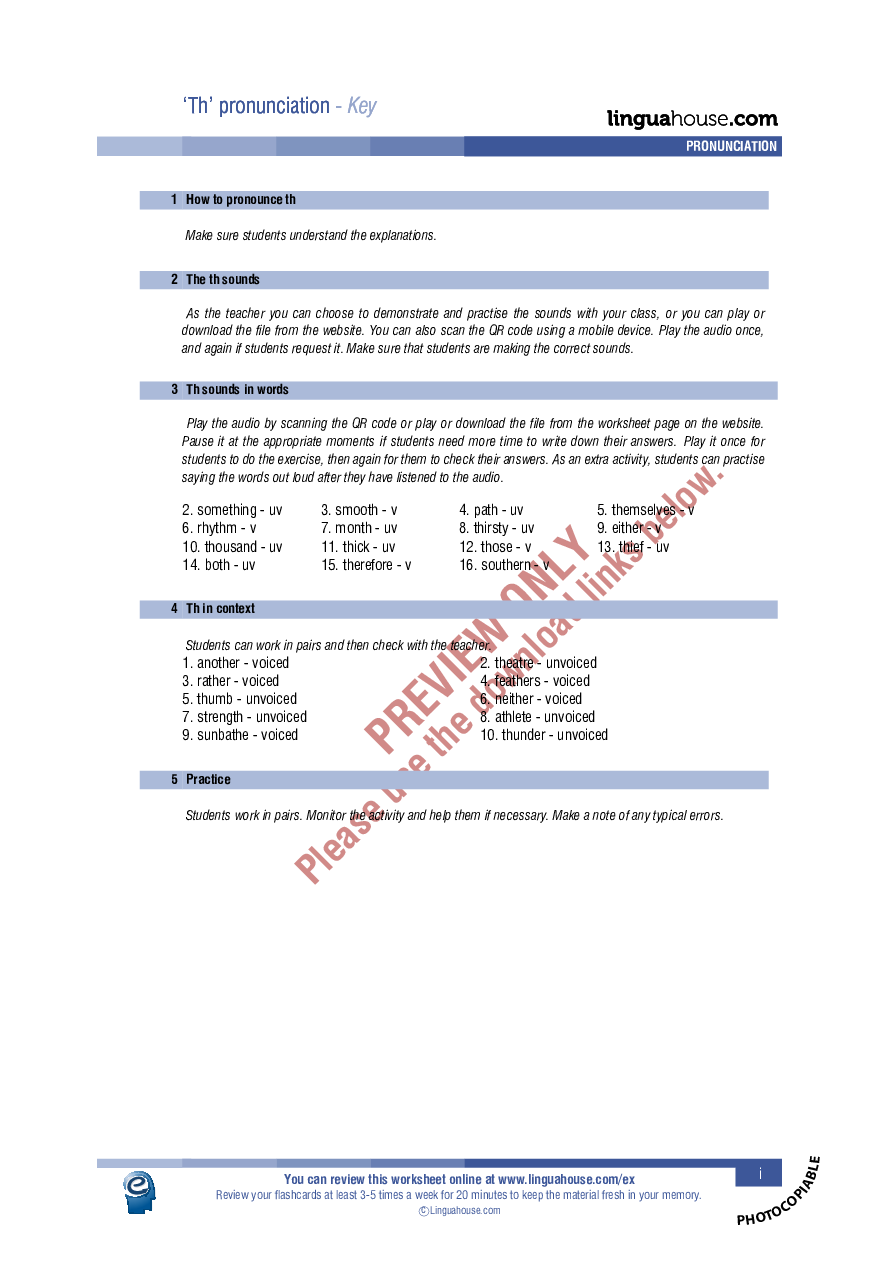 Th pronunciation: Worksheet Preview - Linguahouse.com