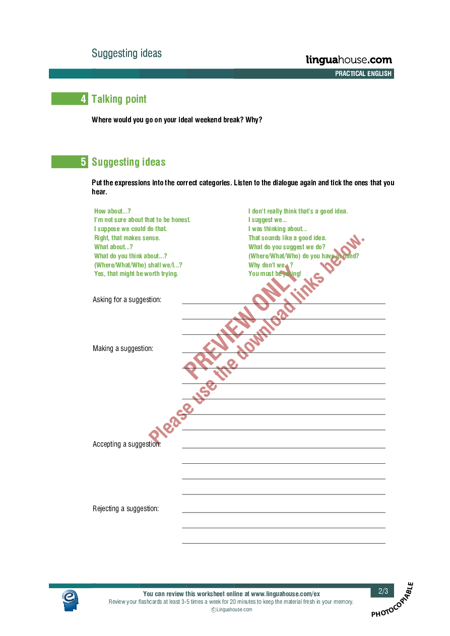 Suggesting ideas: Worksheet Preview - Linguahouse.com