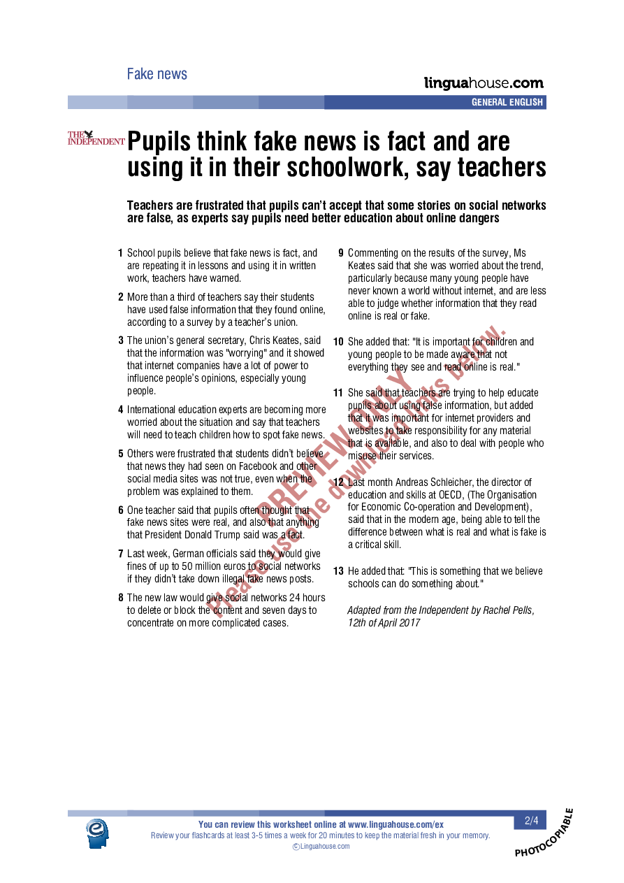 Fake news: Worksheet Preview - Linguahouse.com