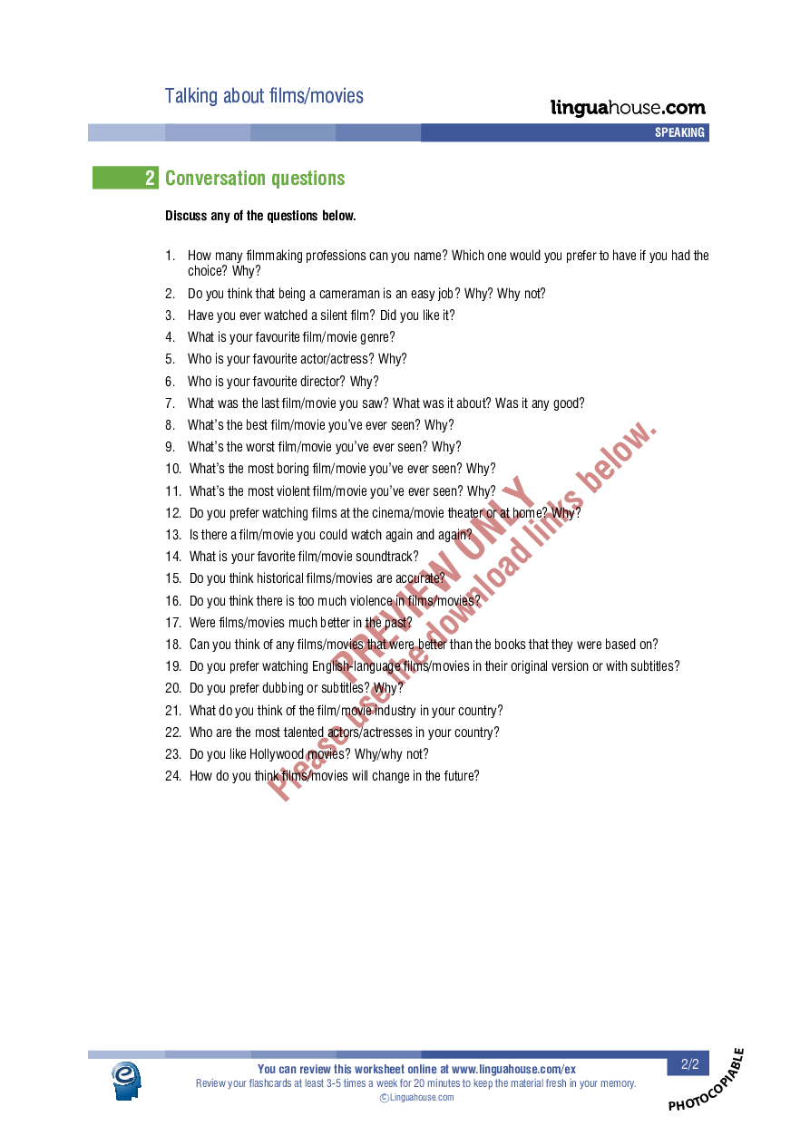 Talking about films and movies: Worksheet Preview - Linguahouse.com