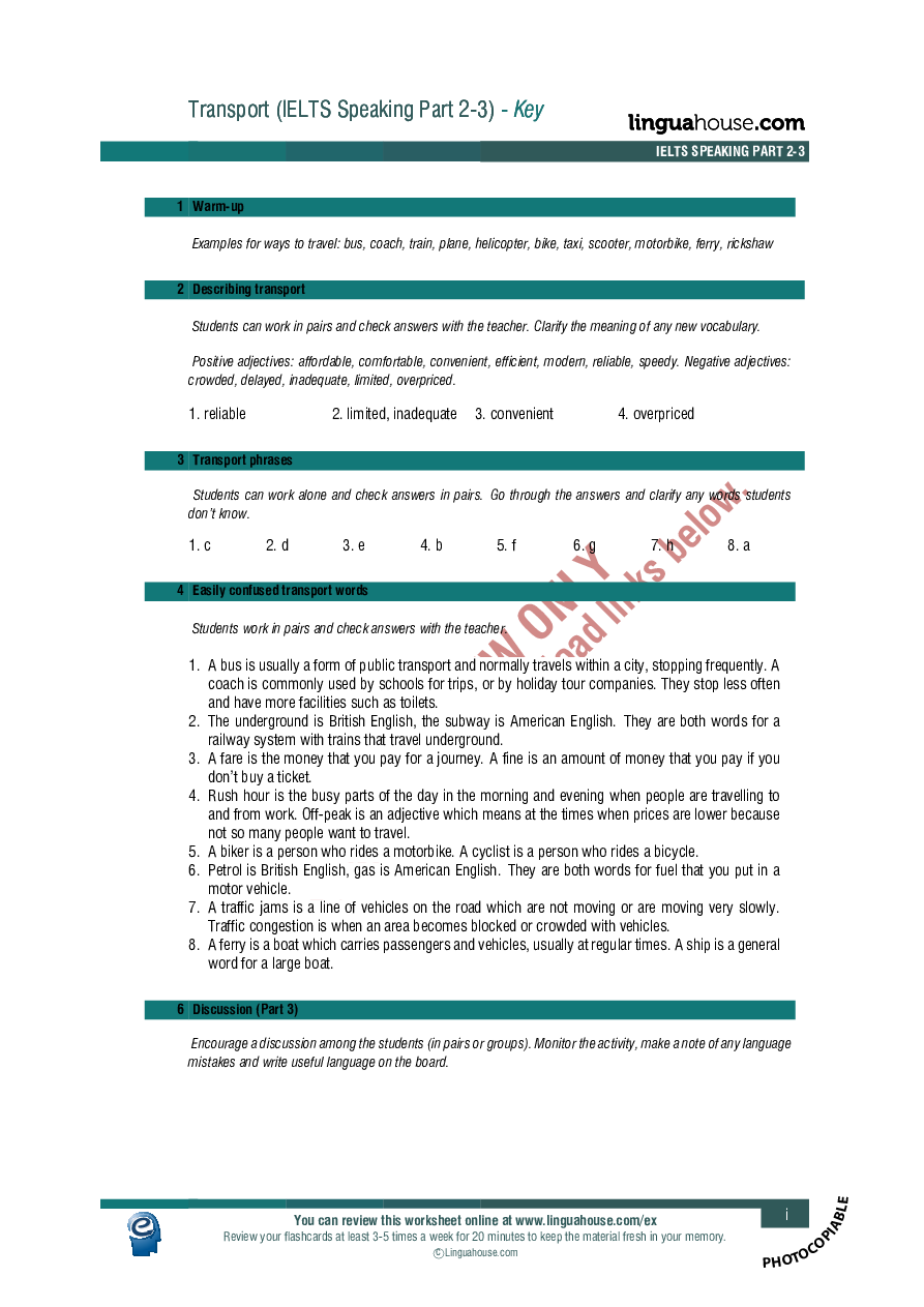 Transport (IELTS Speaking Part 2-3): Worksheet Preview - Linguahouse.com