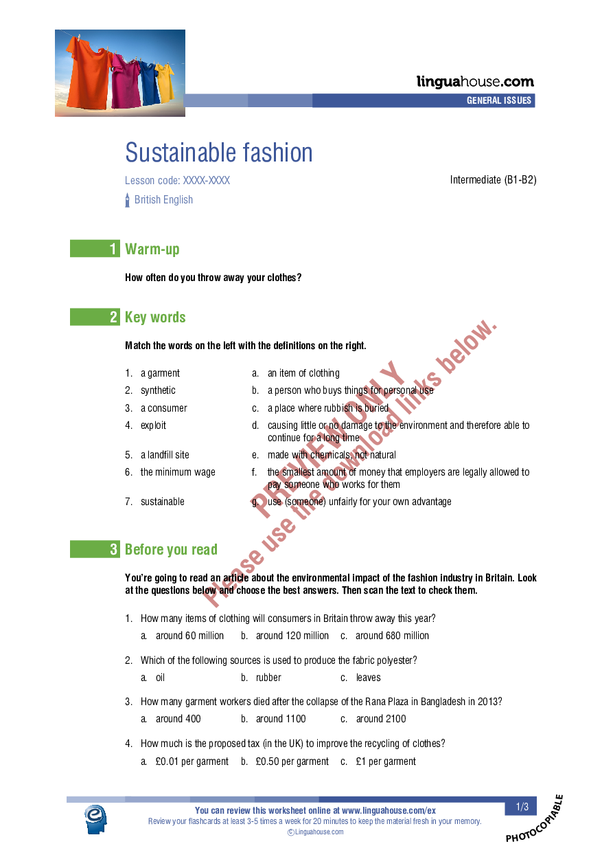 Sustainable fashion: Worksheet Preview - Linguahouse.com