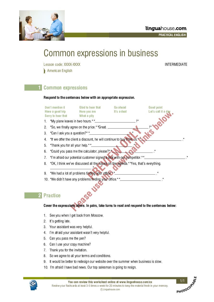 Common expressions in business - American English - Intermediate (B1-B2) - group: Worksheet ...