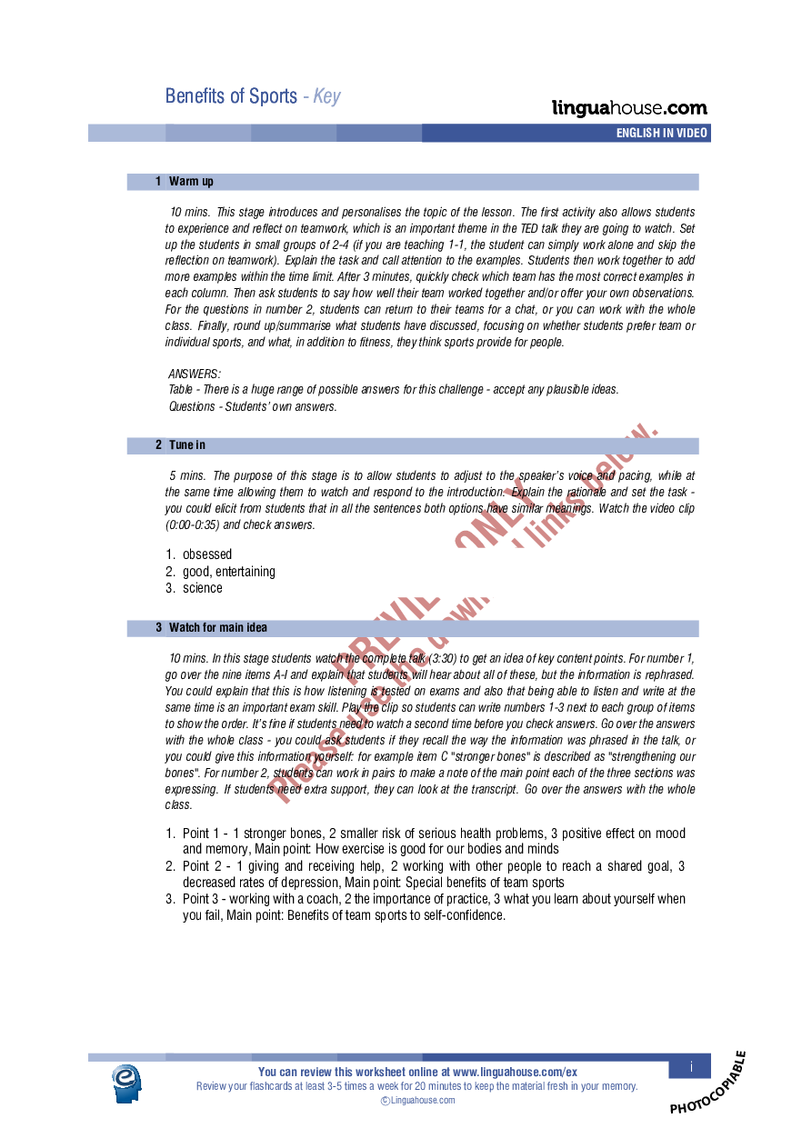 Benefits of Sports: Worksheet Preview - Linguahouse.com
