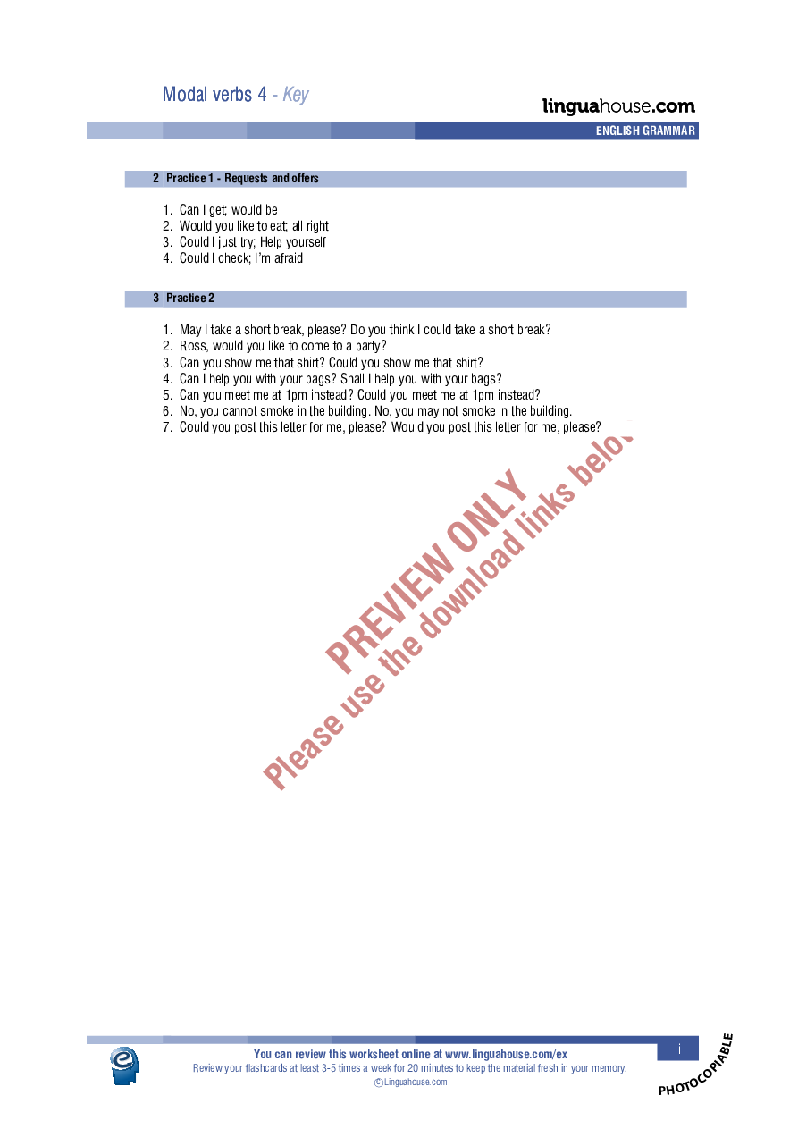 Modal verbs 4 – Requests, offers, permission and invitations: Worksheet Preview - Linguahouse.com
