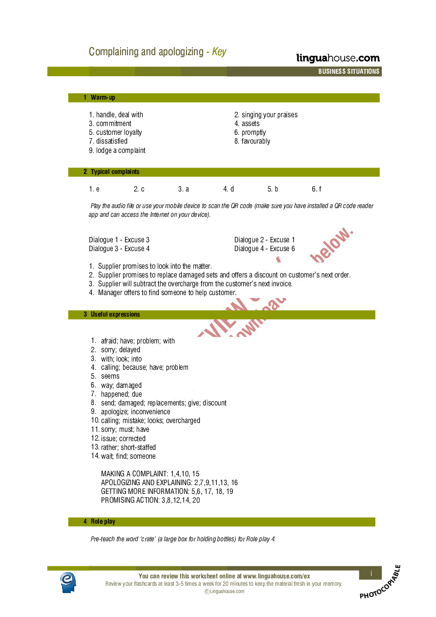 Complaining and apologizing: Worksheet Preview - Linguahouse.com