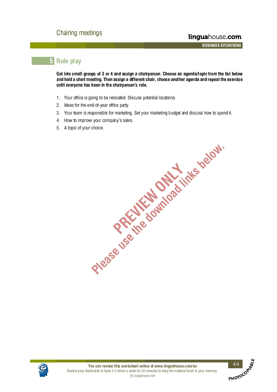 Chairing meetings: Worksheet Preview - Linguahouse.com