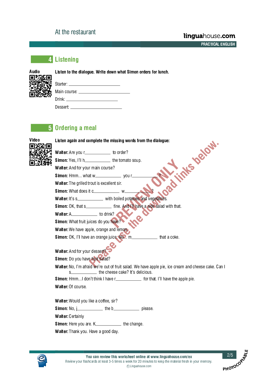 At the restaurant: Worksheet Preview - Linguahouse.com