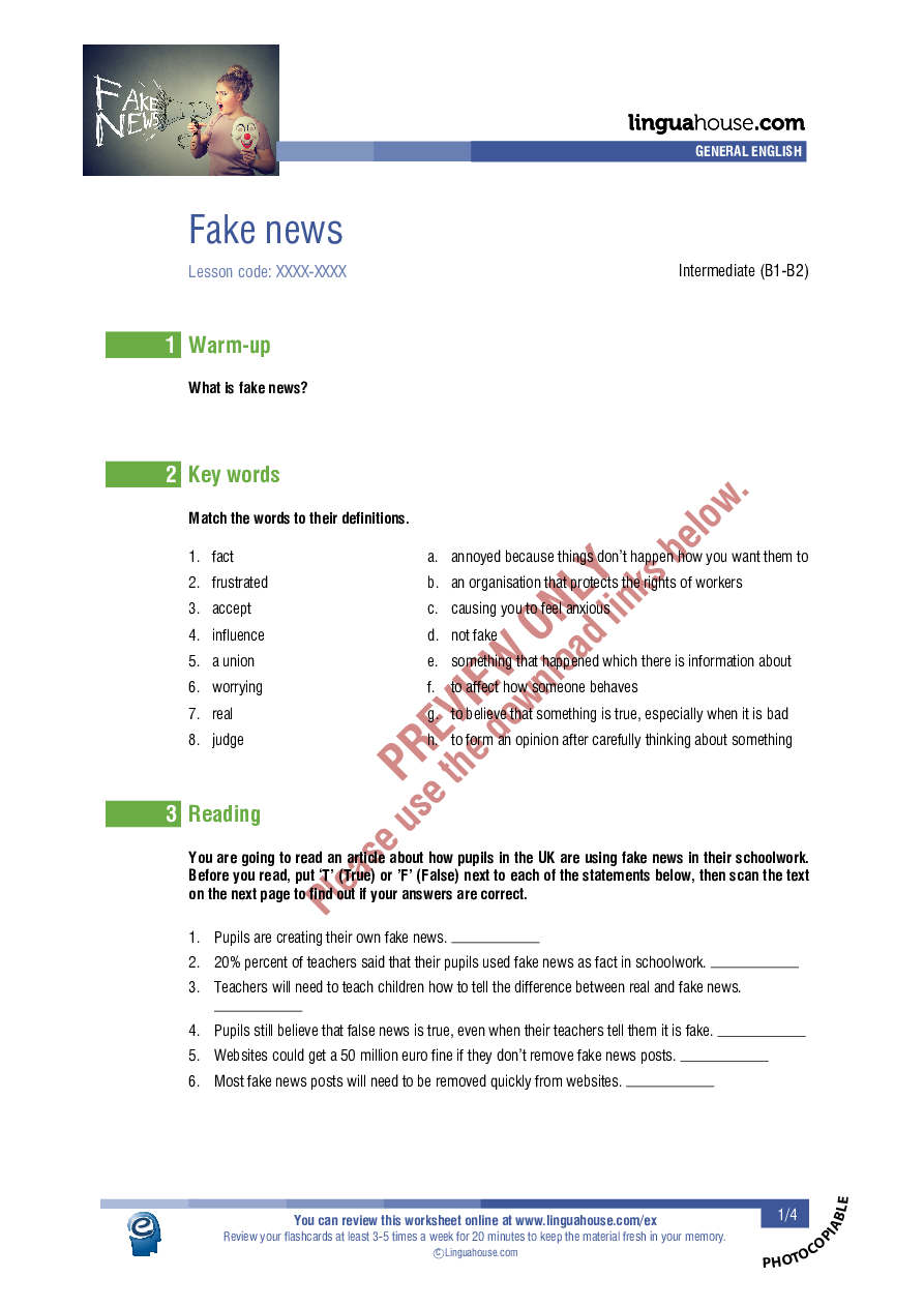 Fake news: Worksheet Preview - Linguahouse.com