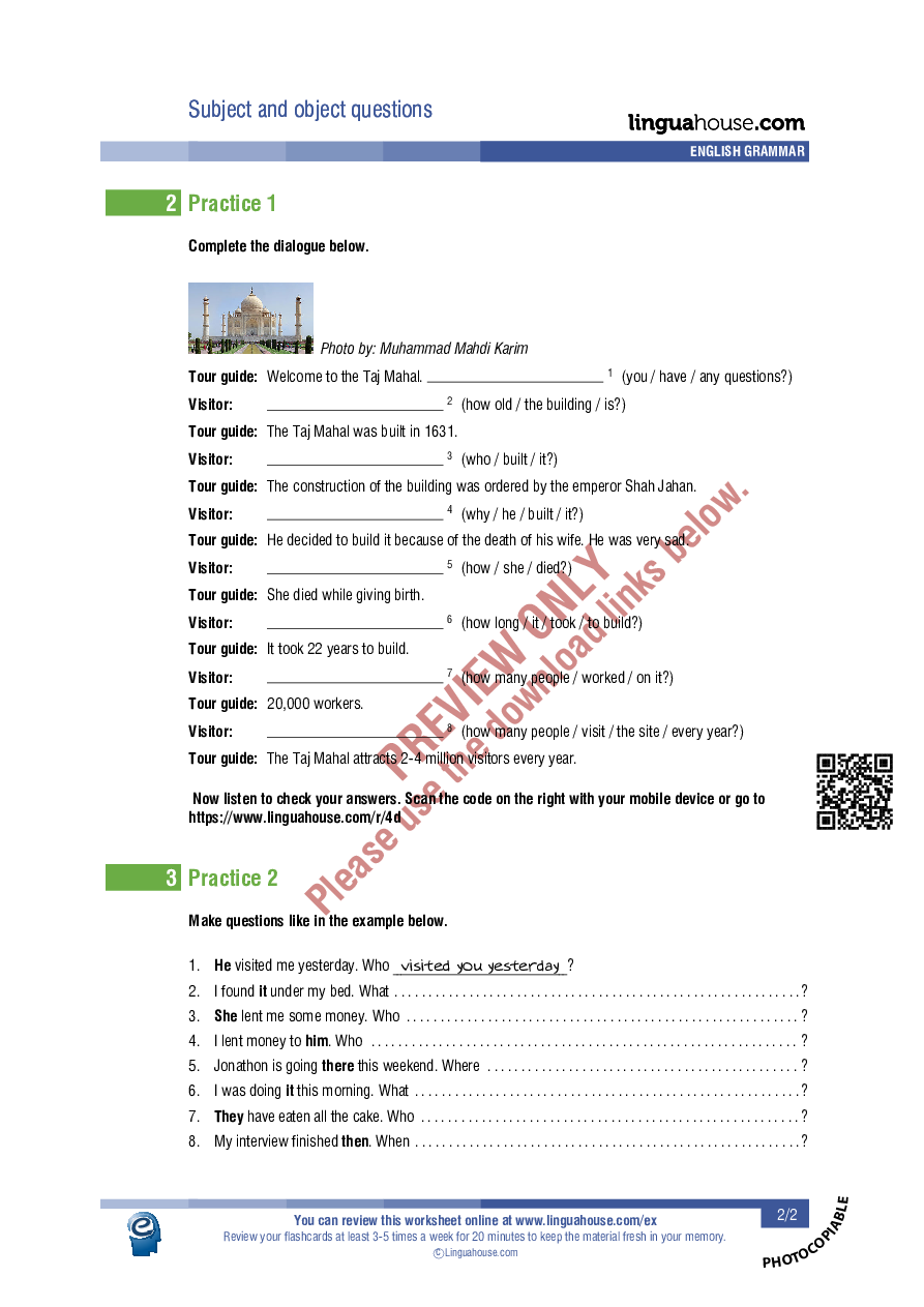 Subject and object questions: Worksheet Preview - Linguahouse.com