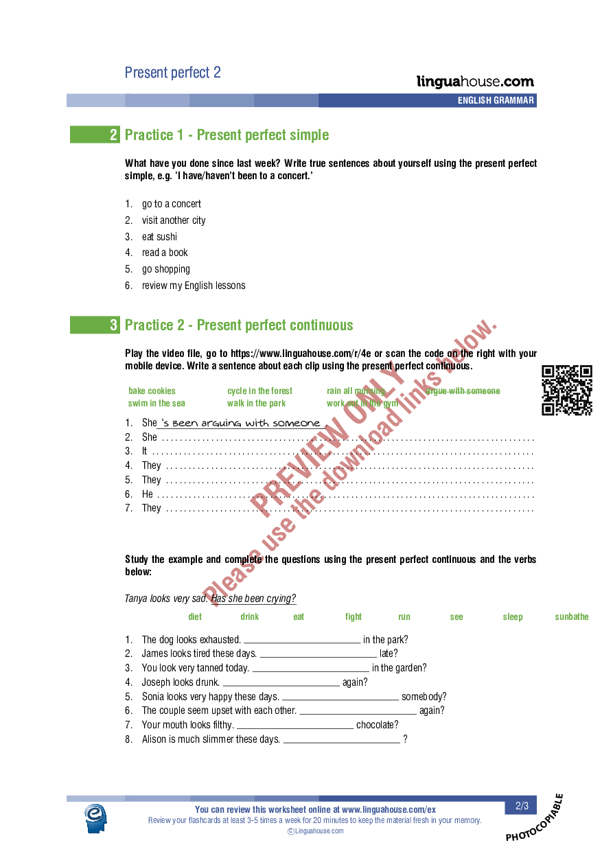 Present perfect 2: Worksheet Preview - Linguahouse.com