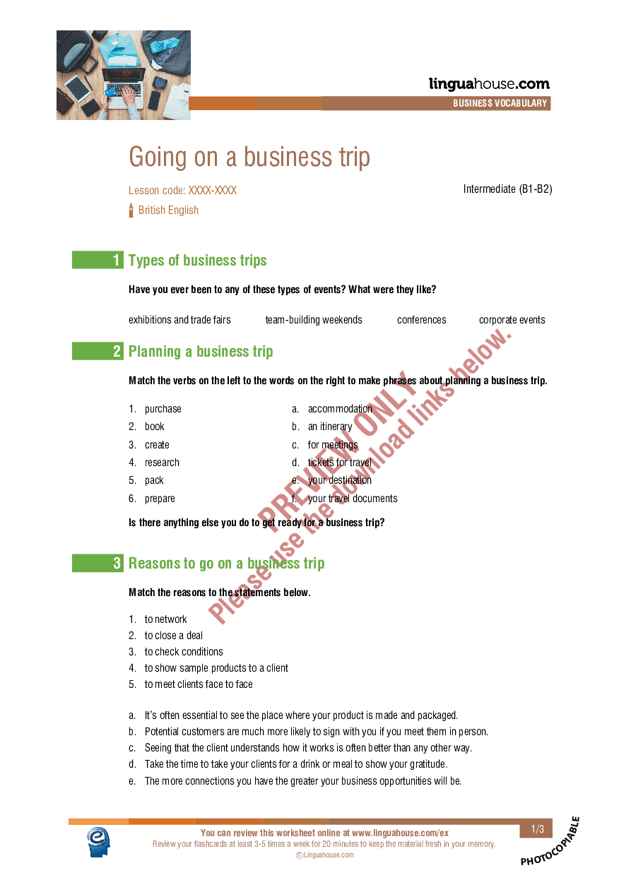 Going on a business trip: Worksheet Preview - Linguahouse.com