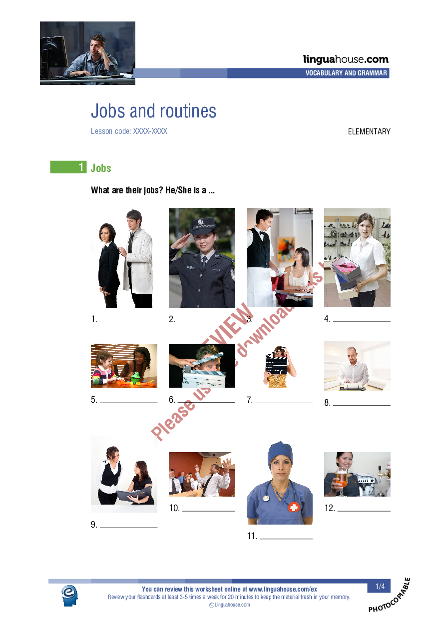 Jobs and routines: Worksheet Preview - Linguahouse.com
