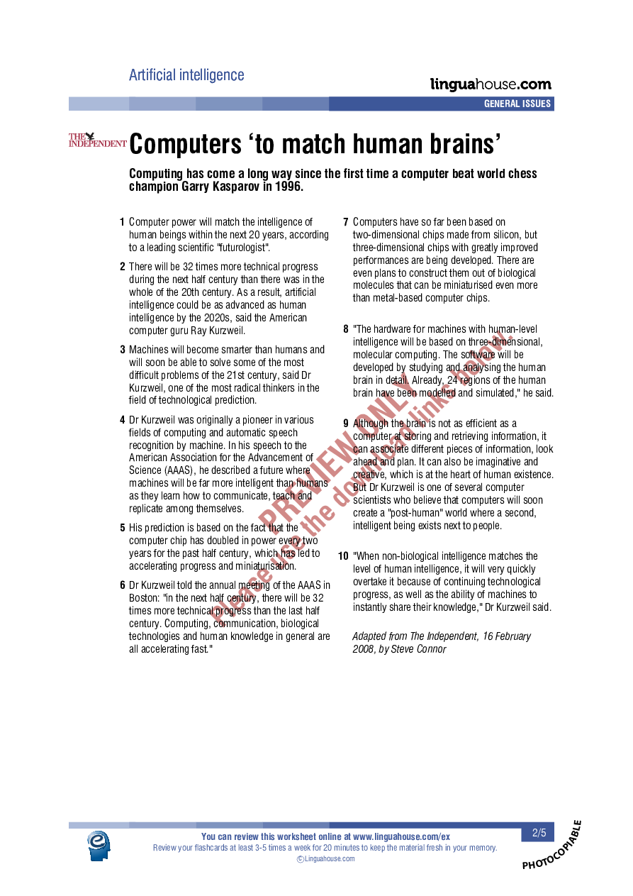 Artificial intelligence: Worksheet Preview - Linguahouse.com