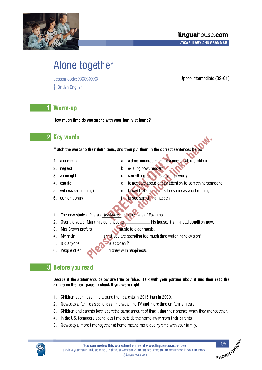 Alone together: Worksheet Preview - Linguahouse.com