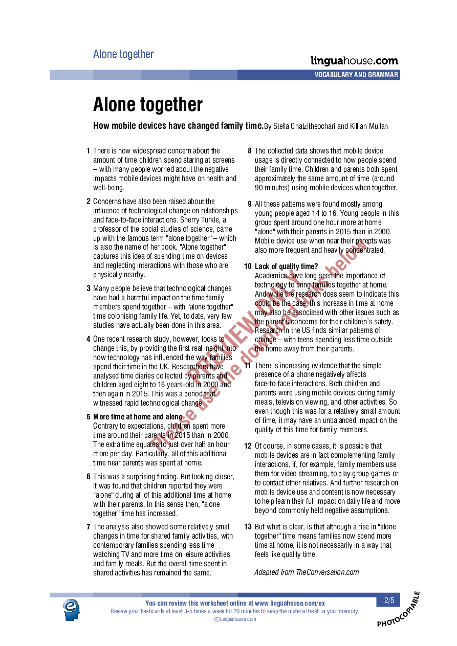 Alone together: Worksheet Preview - Linguahouse.com