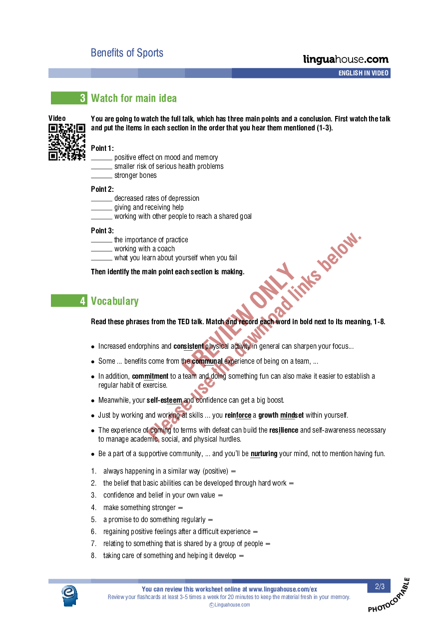 Benefits of Sports: Worksheet Preview - Linguahouse.com