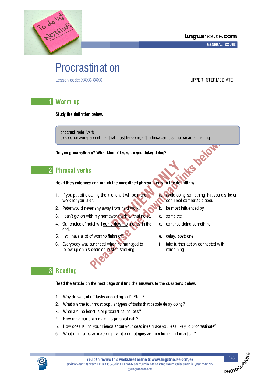 Procrastination: Worksheet Preview - Linguahouse.com