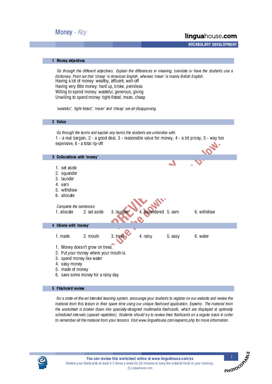 Money: Worksheet Preview - Linguahouse.com