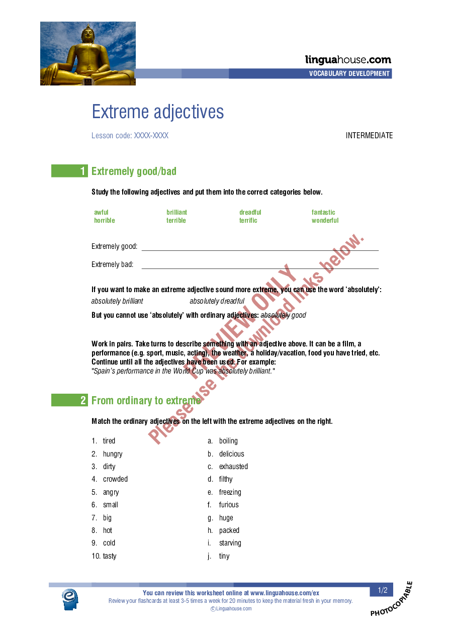 Extreme adjectives: Worksheet Preview - Linguahouse.com