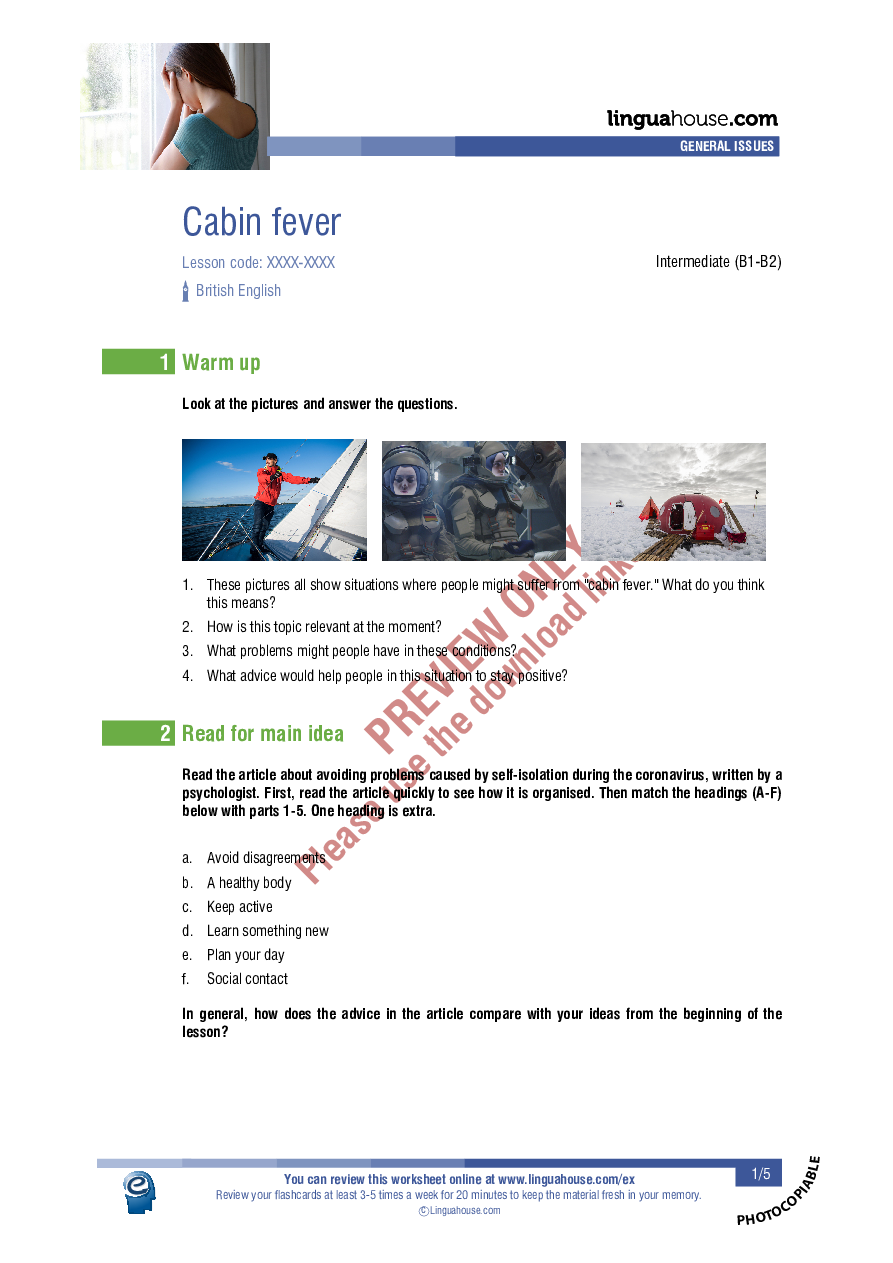 Cabin fever: Worksheet Preview - Linguahouse.com