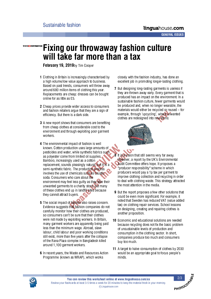 Sustainable fashion: Worksheet Preview - Linguahouse.com