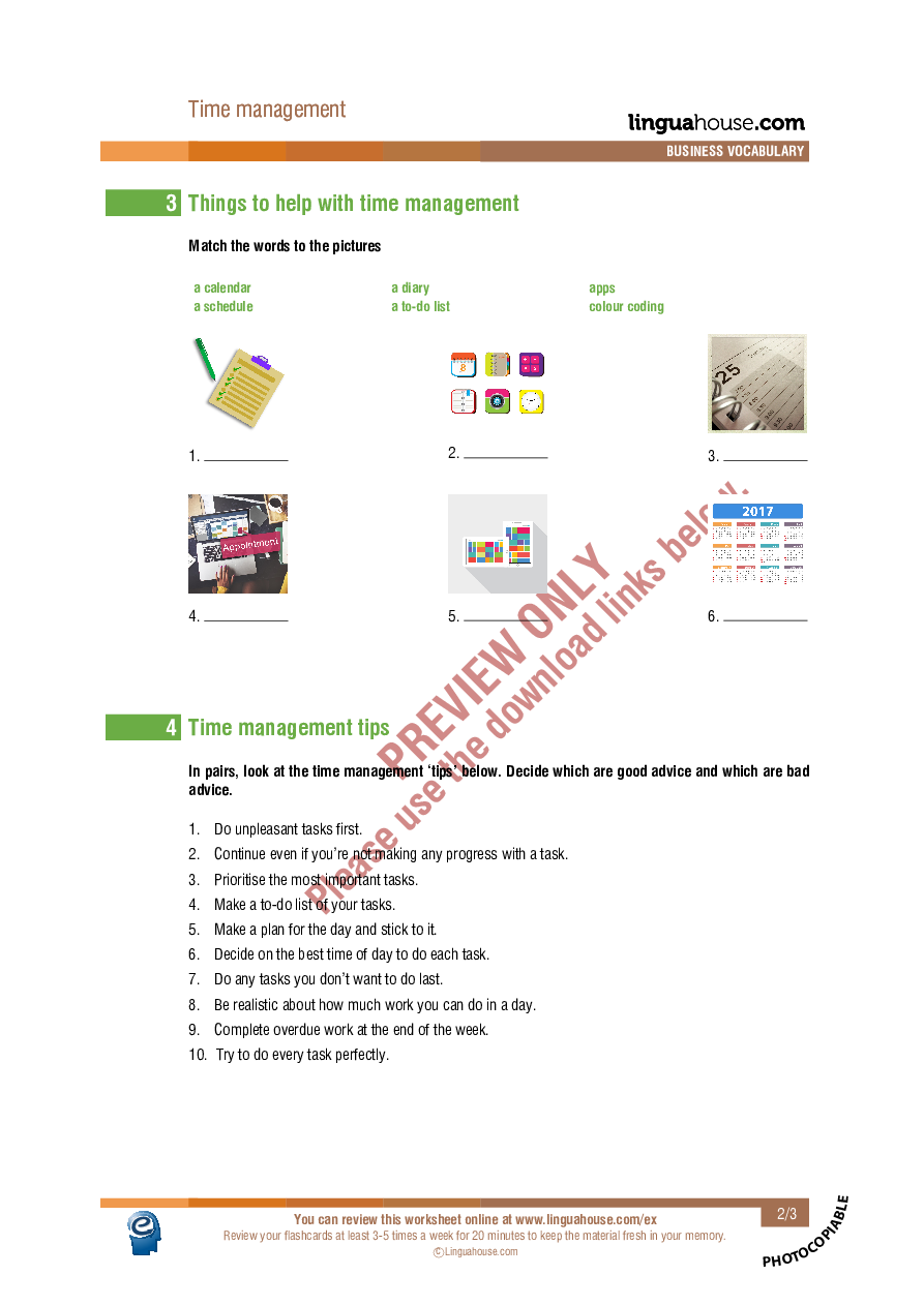 Time management: Worksheet Preview - Linguahouse.com