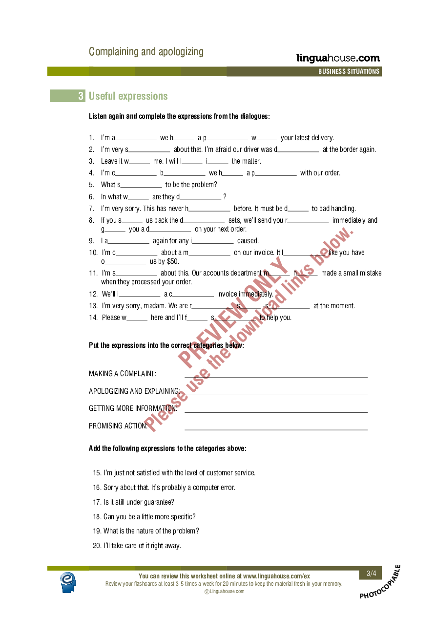 Complaining and apologizing: Worksheet Preview - Linguahouse.com