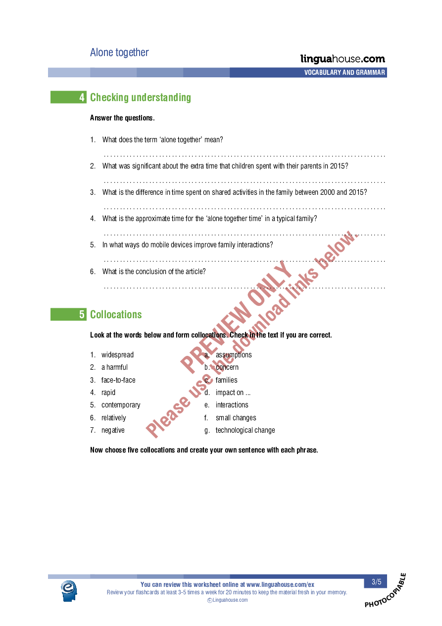 Alone together: Worksheet Preview - Linguahouse.com