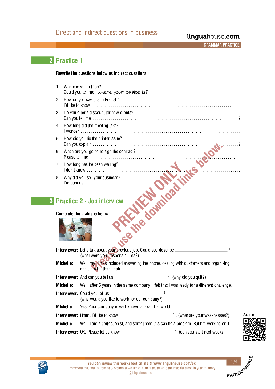 Direct and indirect questions in business: Worksheet Preview ...