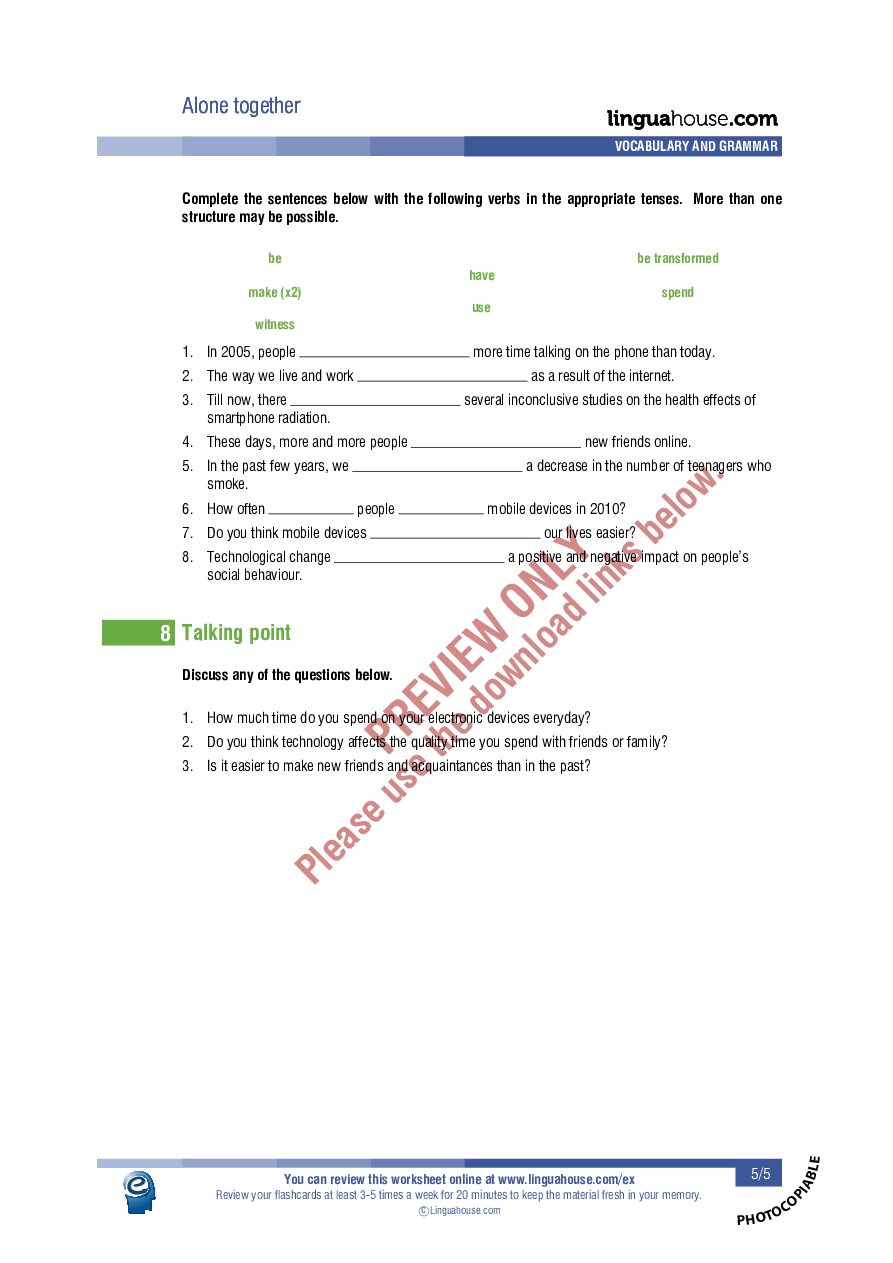 Alone together: Worksheet Preview - Linguahouse.com